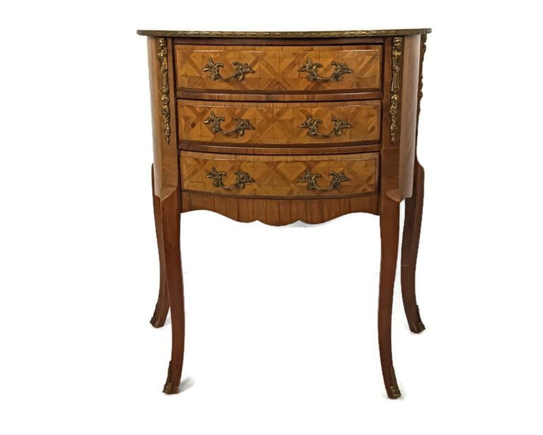 Cabinet Wood Marble Top Inlay Marquetry Brass Trims Commode End Table ...