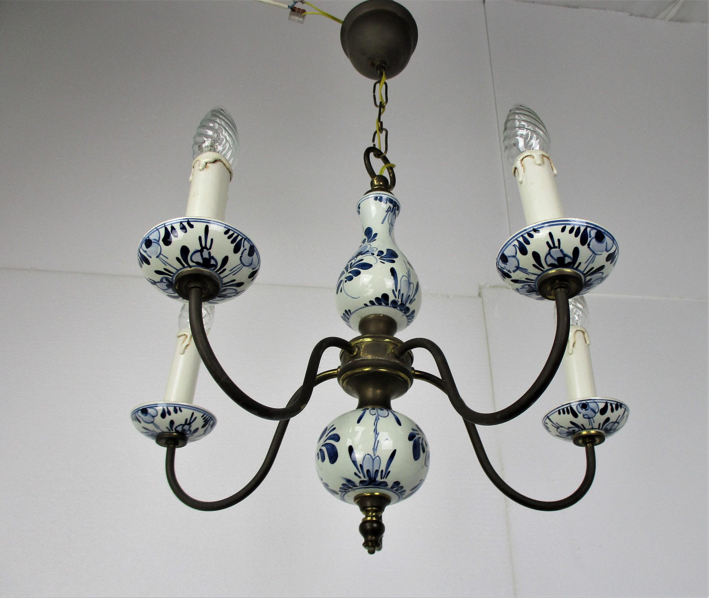 Delft Blue White Porcelain Ornate Brass Chandelier 5 Arm 5 Lights Barn ...