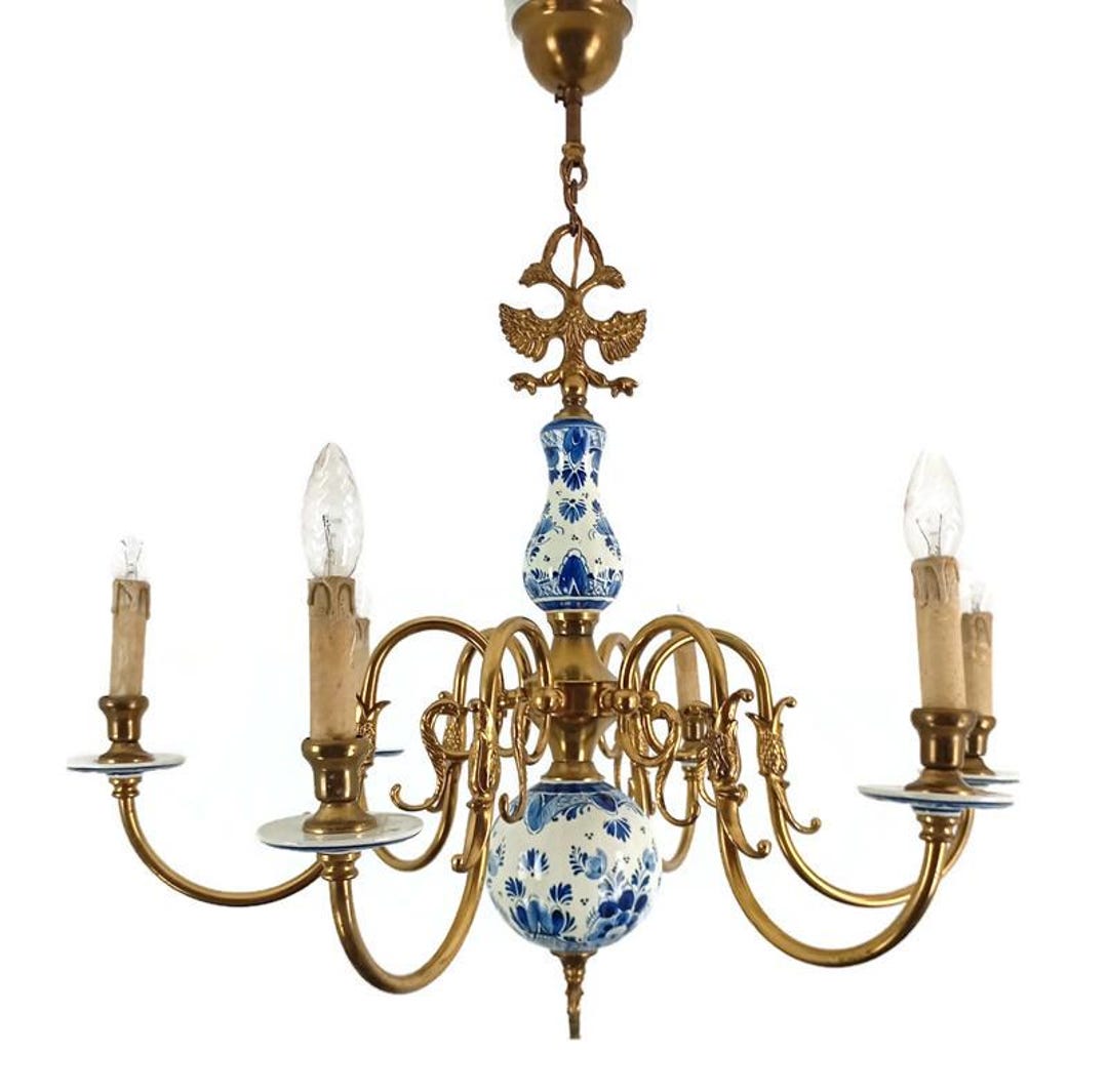 6 Arm Lights Delft Blue White Chandelier Eagles Fish Hand Painted Brass ...