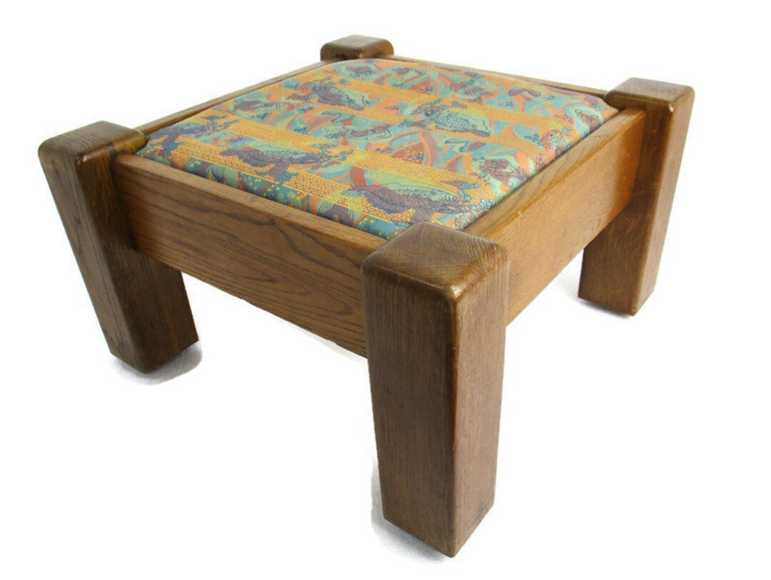Vintage Stool Ottoman Footstool Wood Fabric Top Barn Style Large Heavy ...