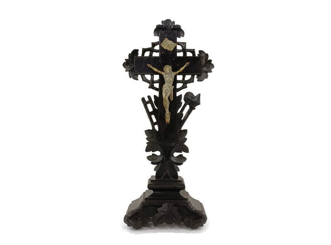 Antique Standing Crucifix Cross Wood Spelter Corpus Christi Hand Carved ...