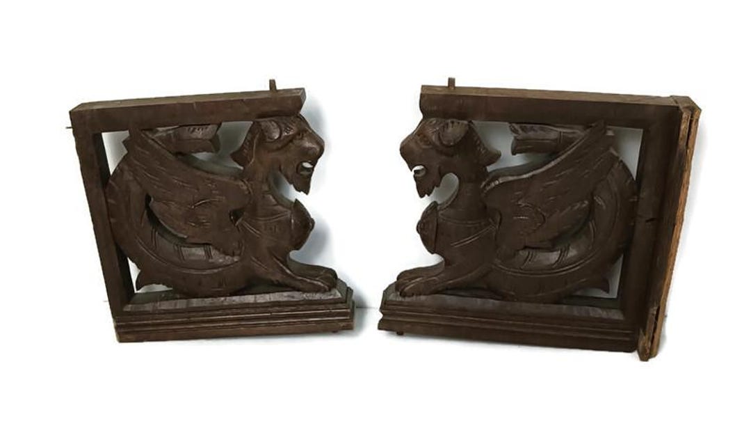 Couple French Corbels Dragons Hand Carved Wood Brackets Gothic ...