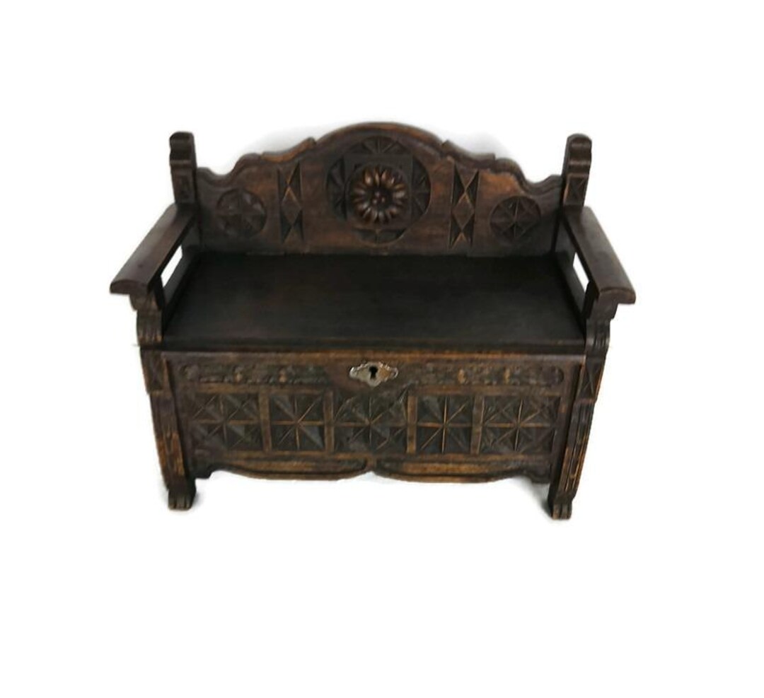 Ornate Hand Carved Wooden Box Bench Trinket Jewelry Box Vintage Breton ...