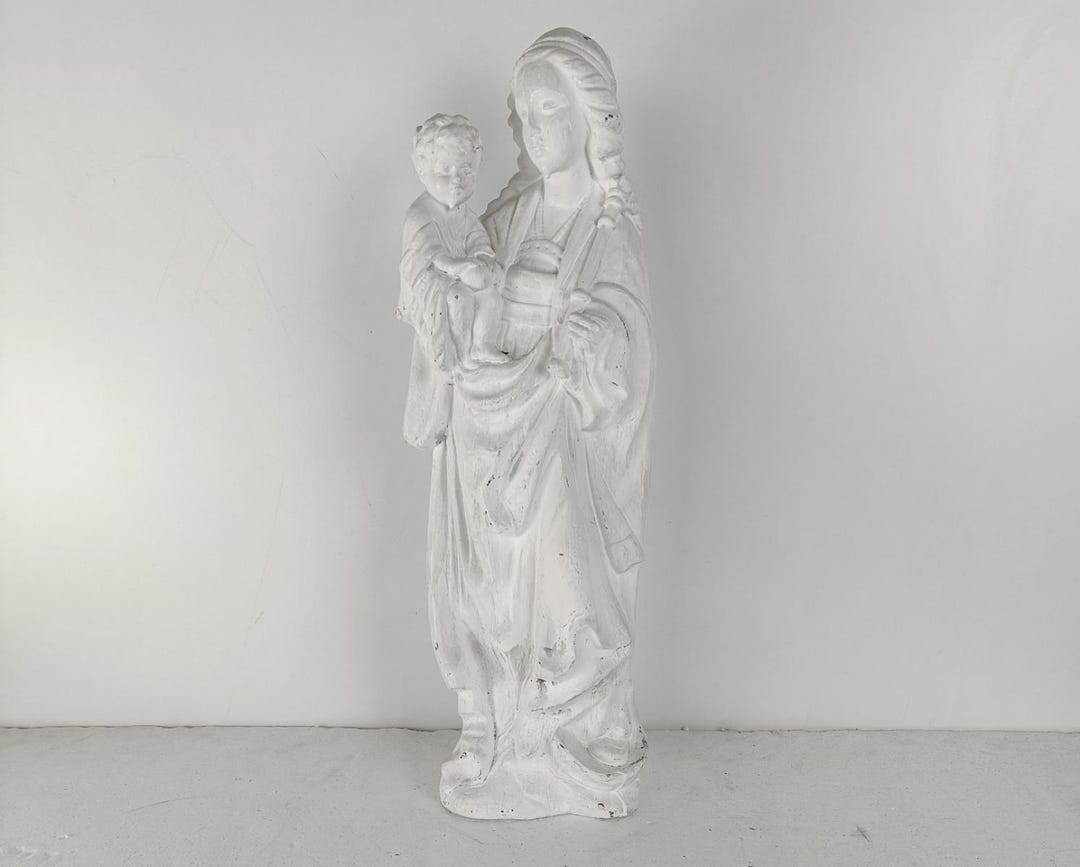White Painted Plaster Statue Virgin Mary Infant Jesus Vintage Madonna ...