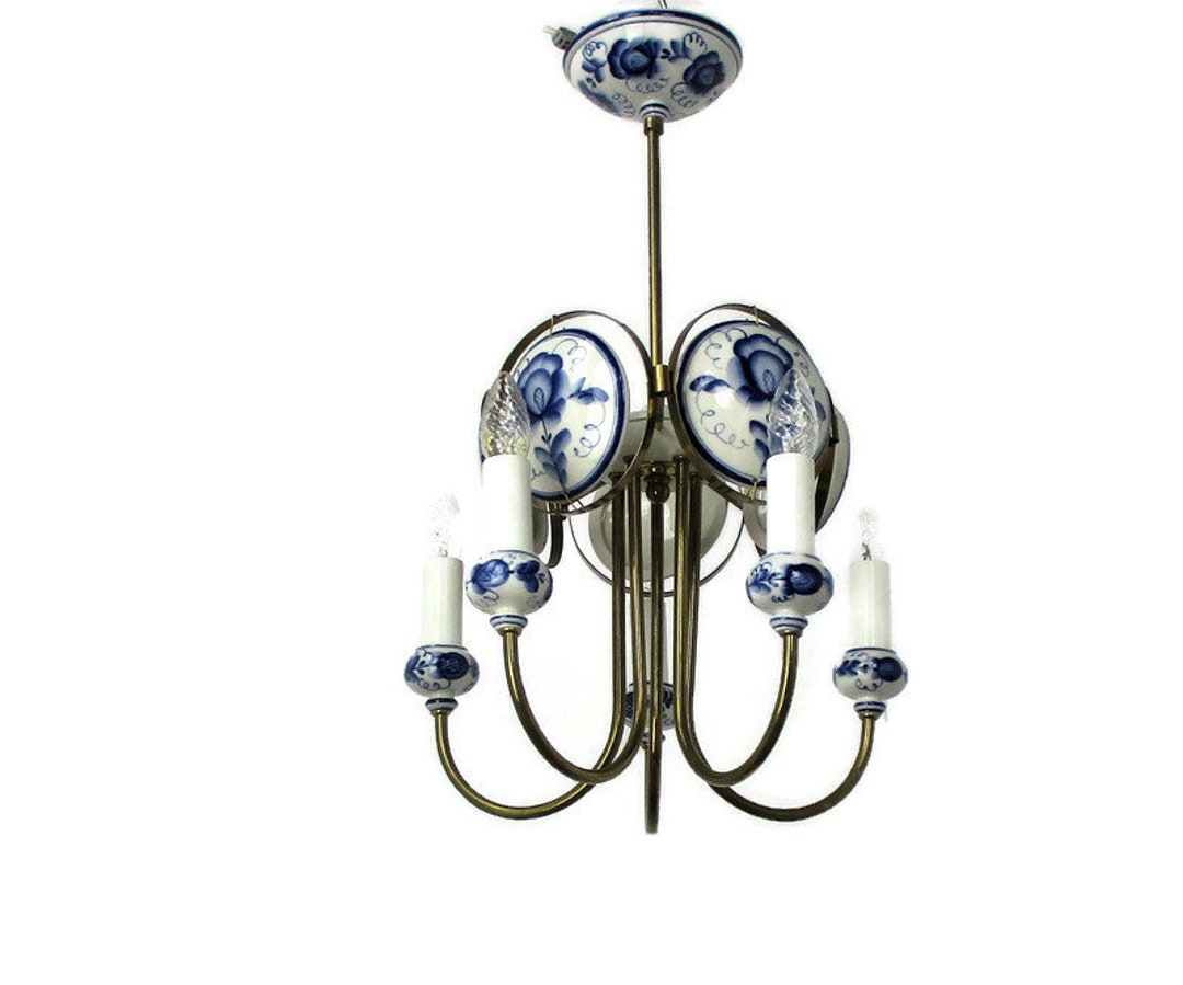 Delft Blue White Porcelain Brass Chandelier Dutch 5 Arm Lights HTF ...