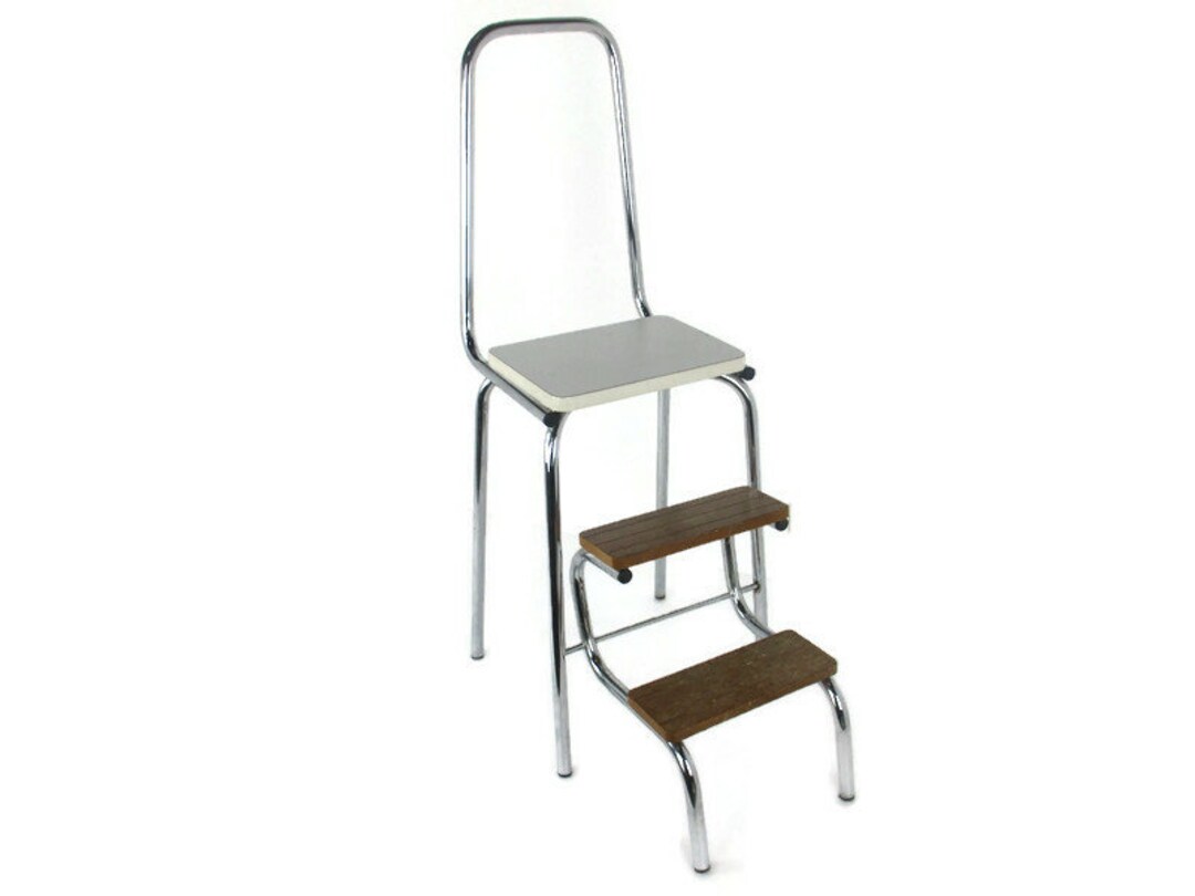 Mid Century Step Ladder Iron Wood Fold Out Steps Kitchen Library Funky ...