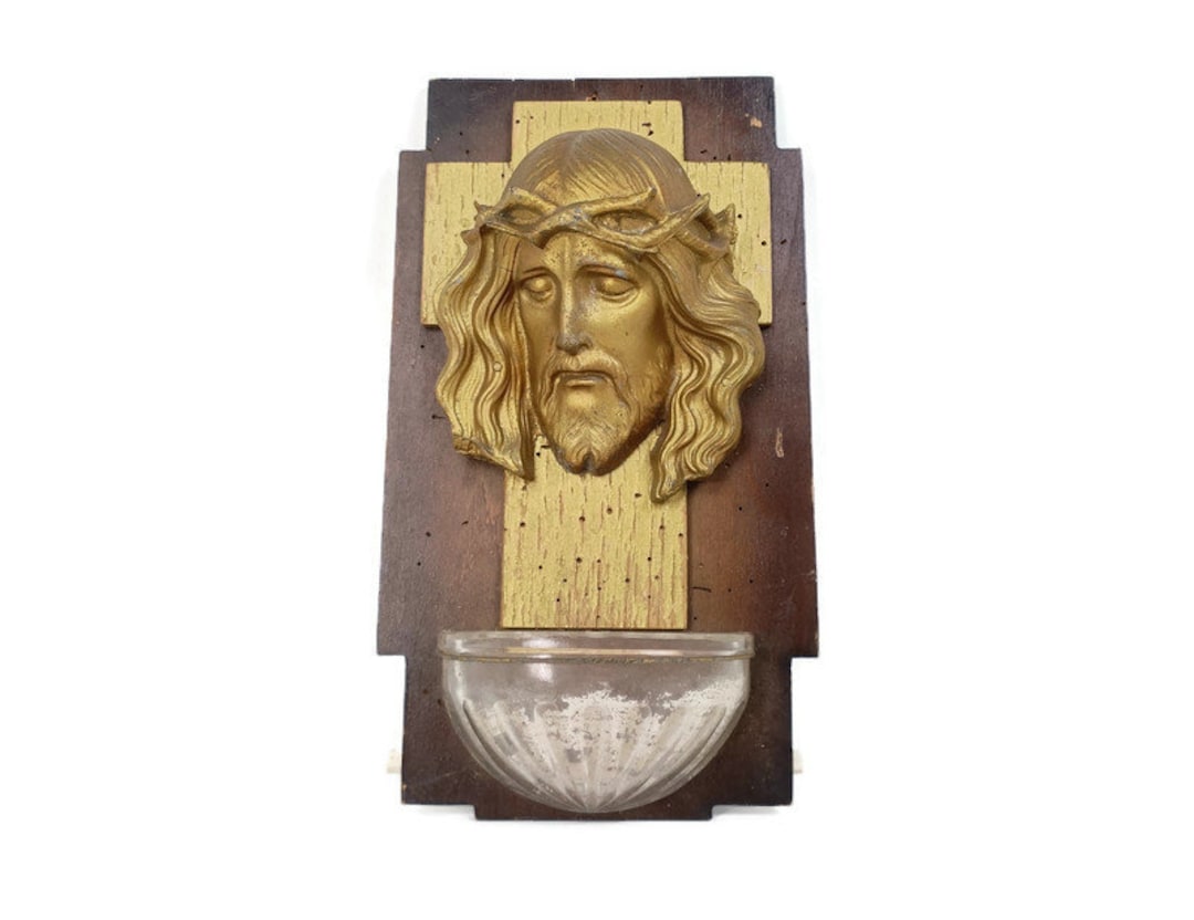 Large Holy Water Font Glass Wooden Back Jesus Head of Thorns Art Deco ...