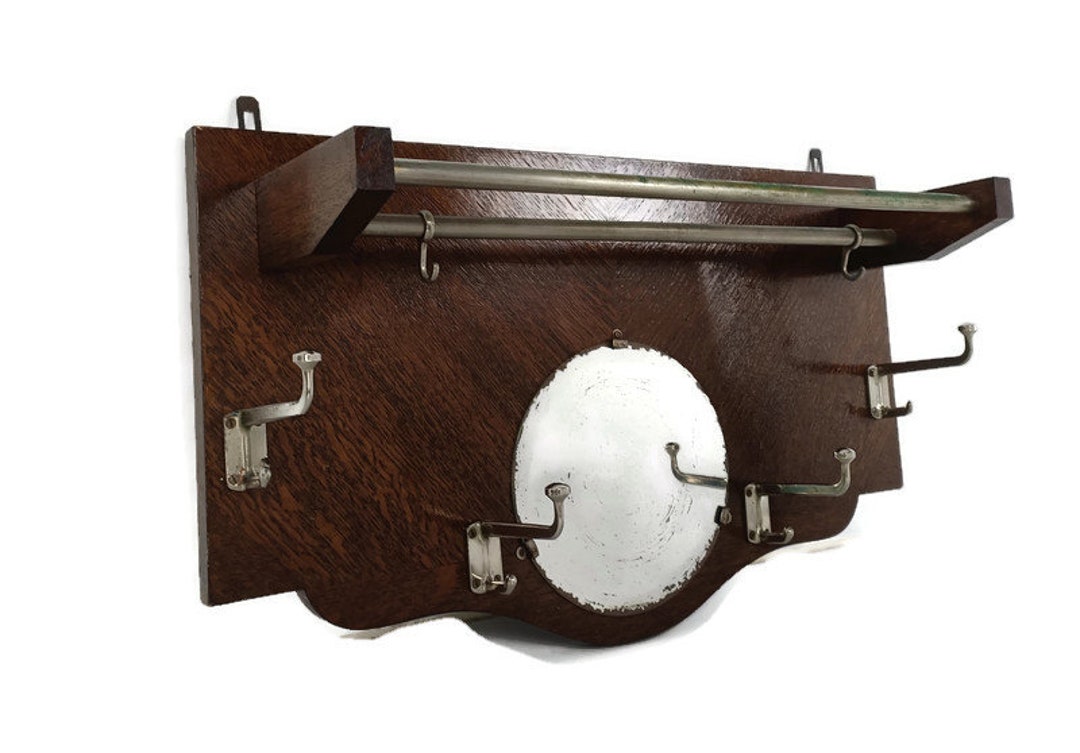 Vintage Carved Wood Coat Hat Rack Ornate Round Glass Mirror Art Deco ...