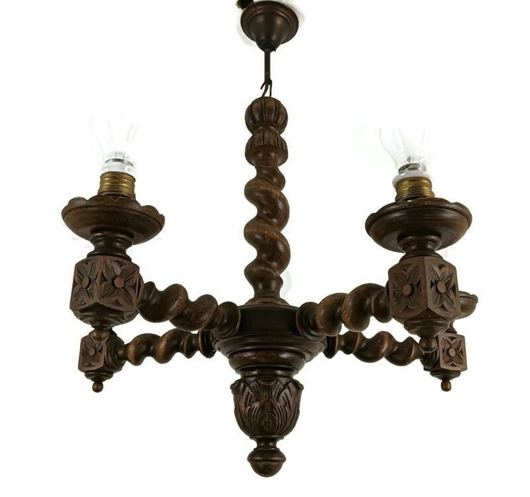 Barley Twist Wooden Wood Chandelier Ornate 5 Lights Small Vintage Barn ...