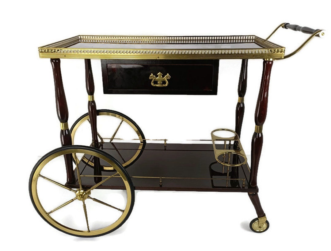 Bar Cocktail Entertainment Cart Trolley Veneer Wood Drawer Retro Funky ...