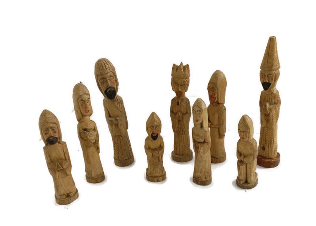Retro Nativity Christmas Set of 9 Stable Figures Figurines Hand Carved ...