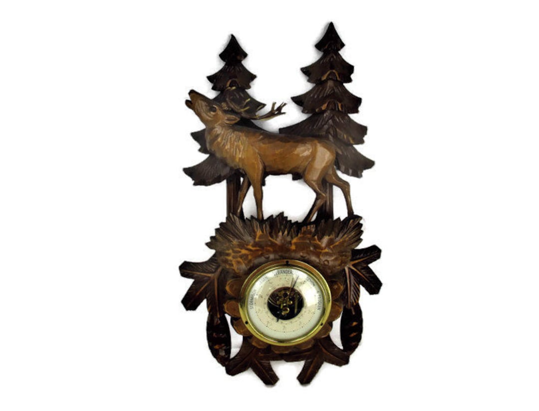 Hand Carved Wood Barometer Thermometer Weather Station Black Forest ...