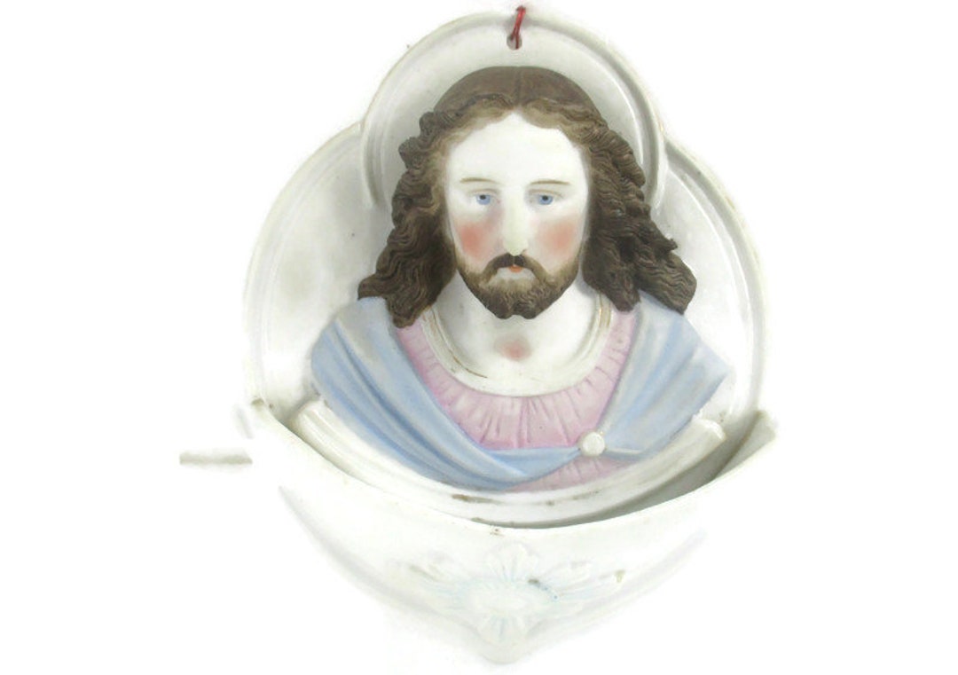 Holy Water Font Vessel Jesus Christ Head Bisque HTF Beautiful Large - Etsy