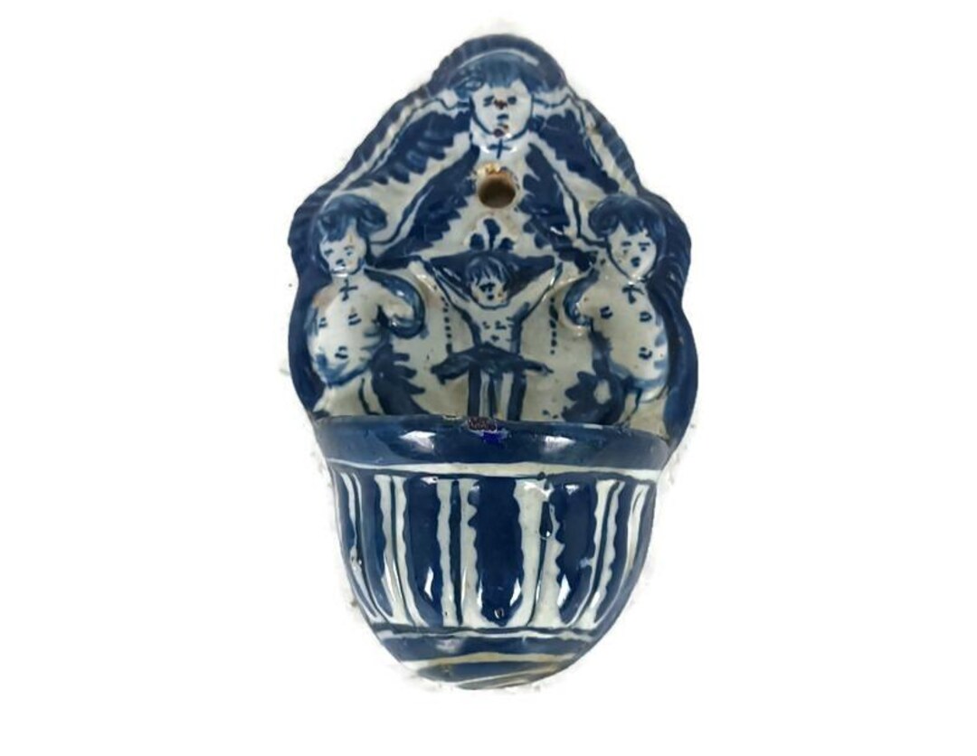 Lovely Vintage Blue White Wall Hanging Vessel Holy Water Font Angels ...