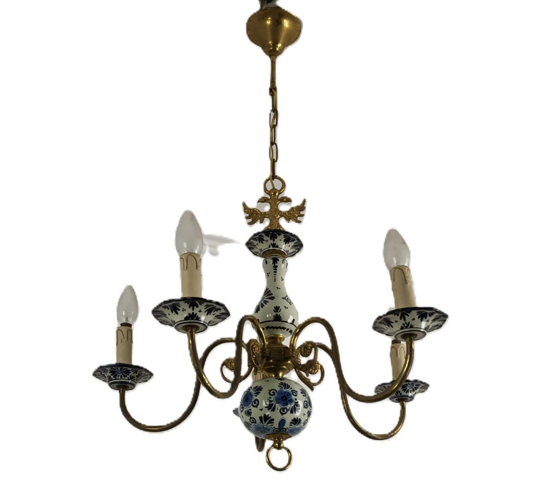 Delft Chandelier Porcelain Blue White 5 Arm Lights Vintage Barn Style ...