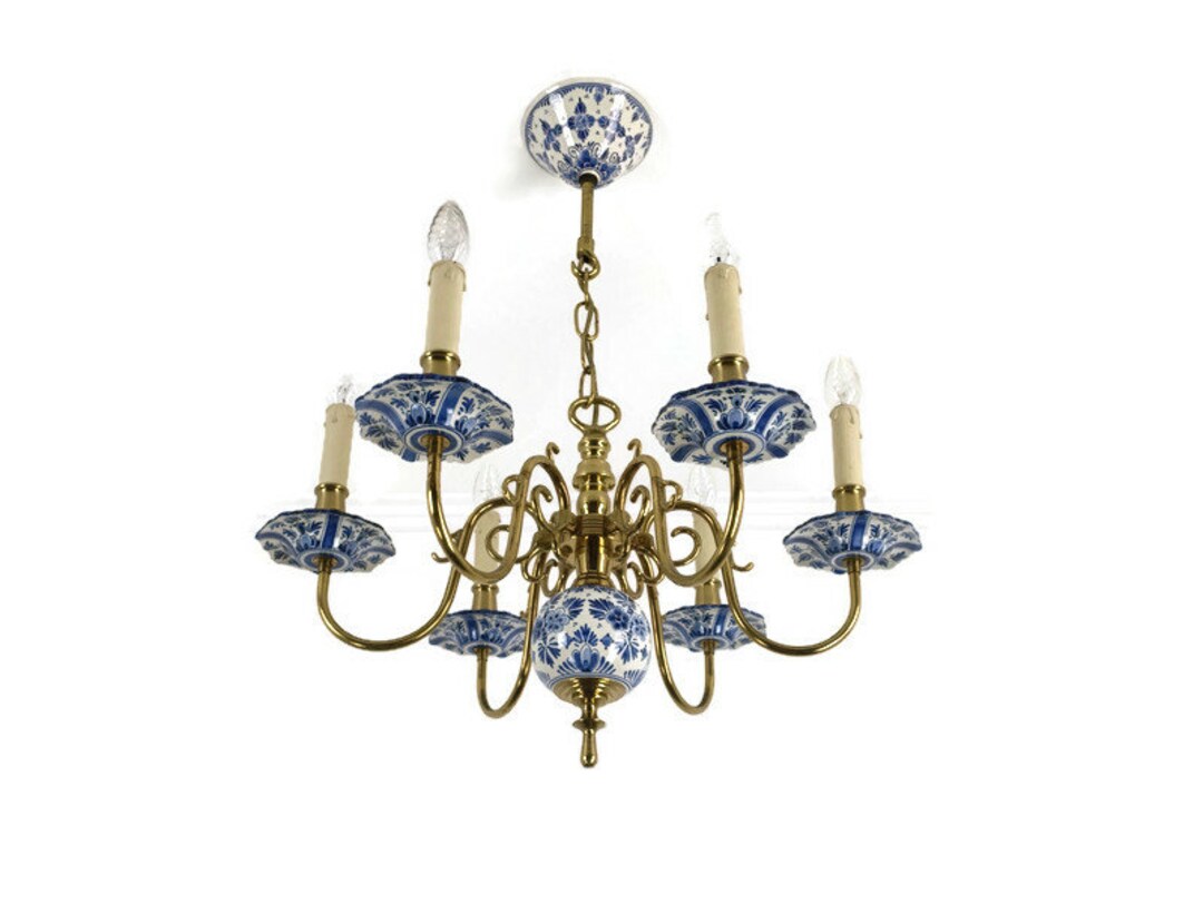 Chandelier 6 Lights Fixture Delft Blue White Marked Bronze Porcelain ...