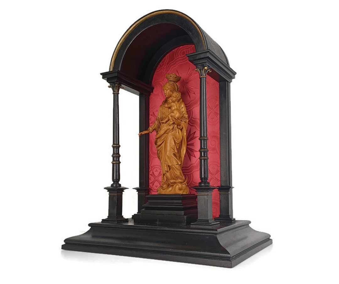 Black Lackered Antique Chapel Niche With Pillars Madonna Virgin Mary ...