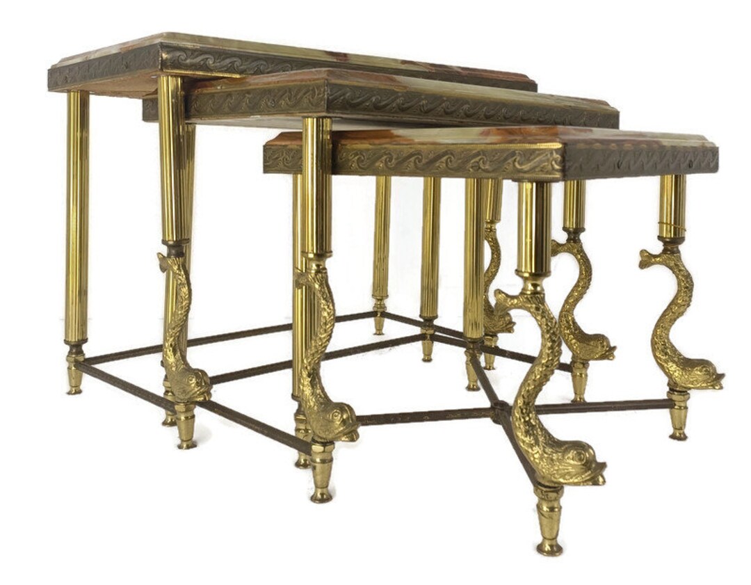Set of 3 Nesting Stacking Tables Hollywood Regency Ornate Brass Fish ...