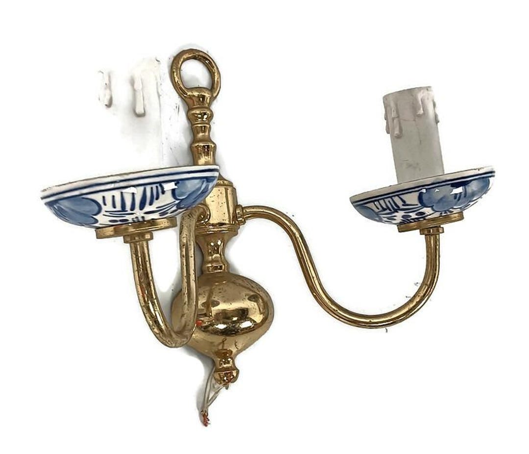 Double Wall Sconce Light Wall Hanging Delft Blue White Porcelain Brass ...