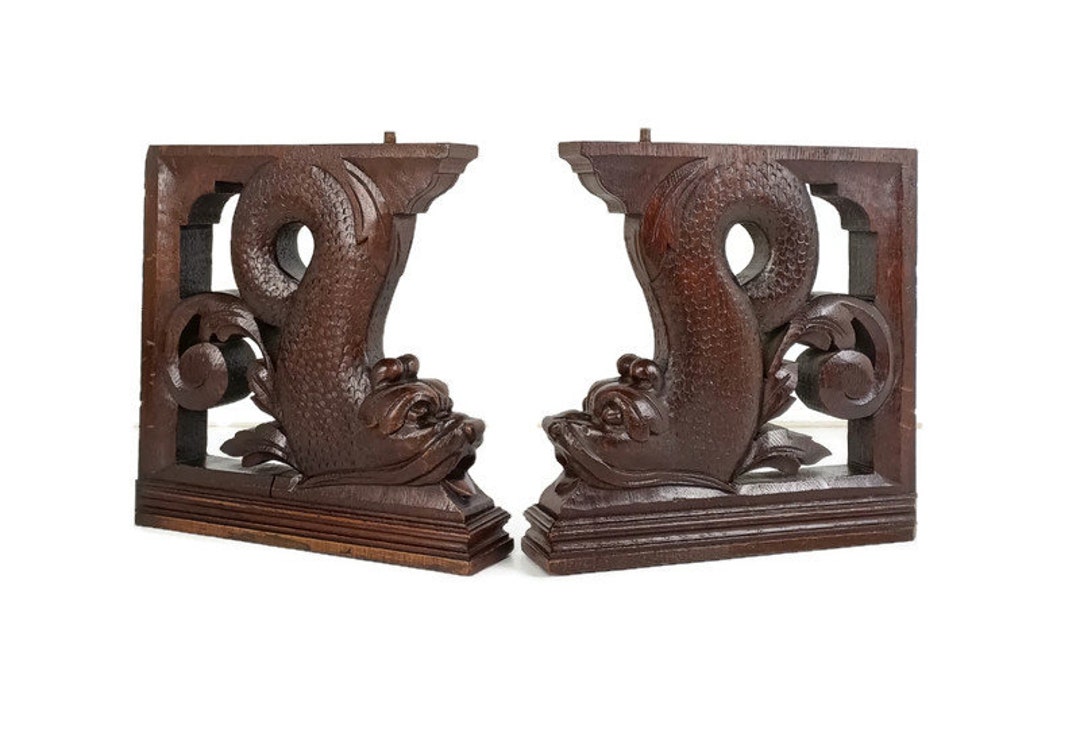 Antique Pair Corbels Hand Carved Wood Mythological Fish Architectural ...