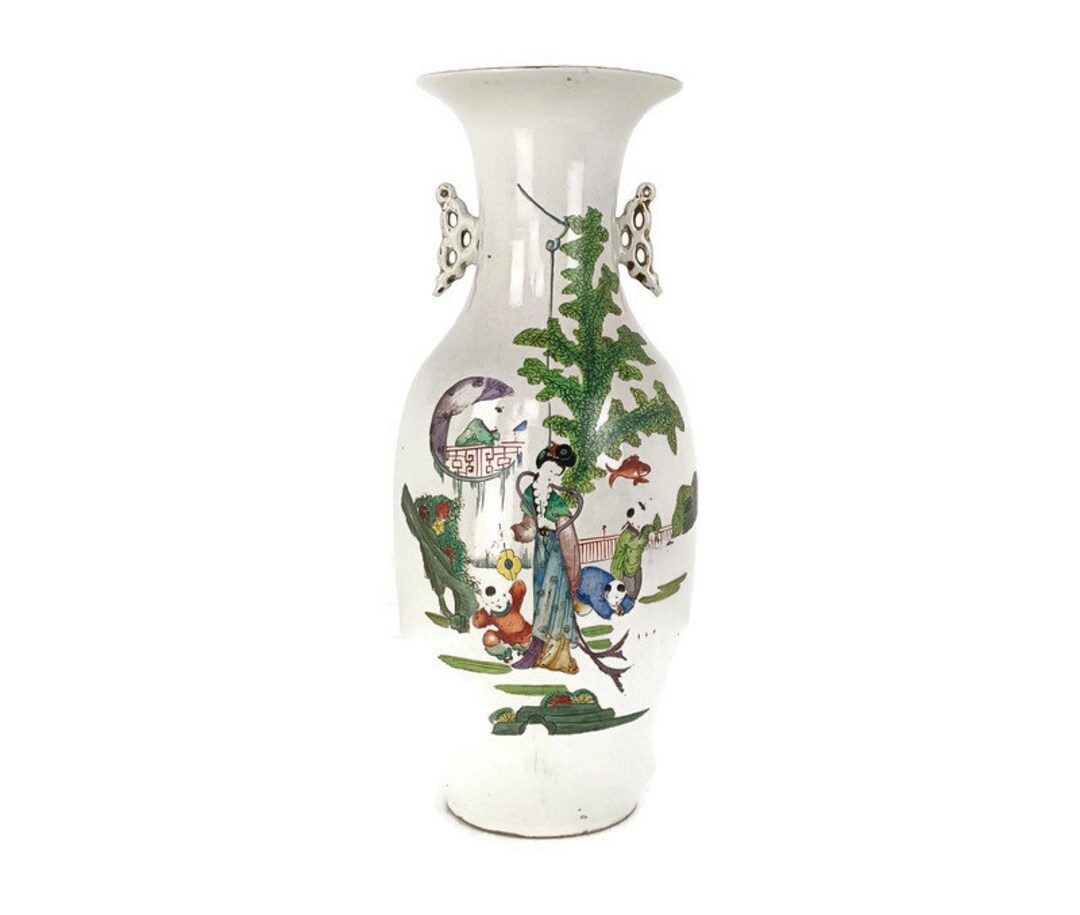Chinese Vase Hand Painted Landscape Fish Antique XL Impressive - Etsy