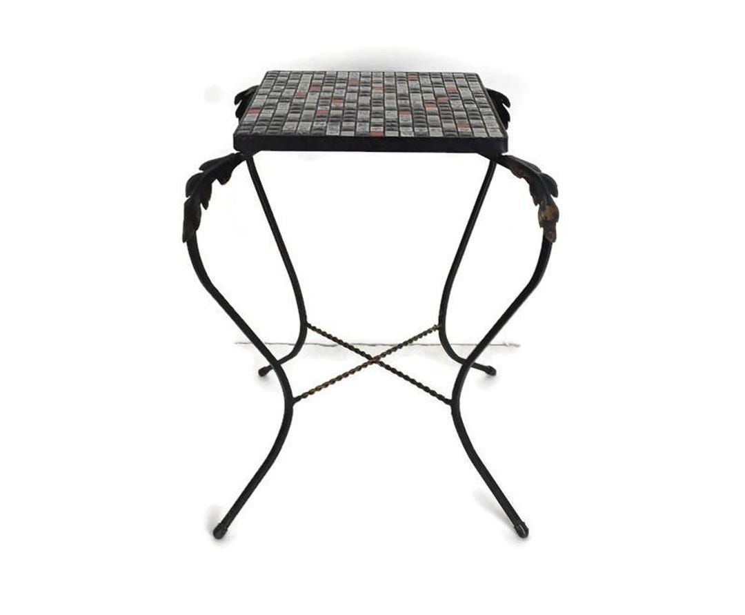 Vintage Small Side Table Plant Stand Mosaic Tiles Checkered Pattern Funky Wrought Iron Pop Art