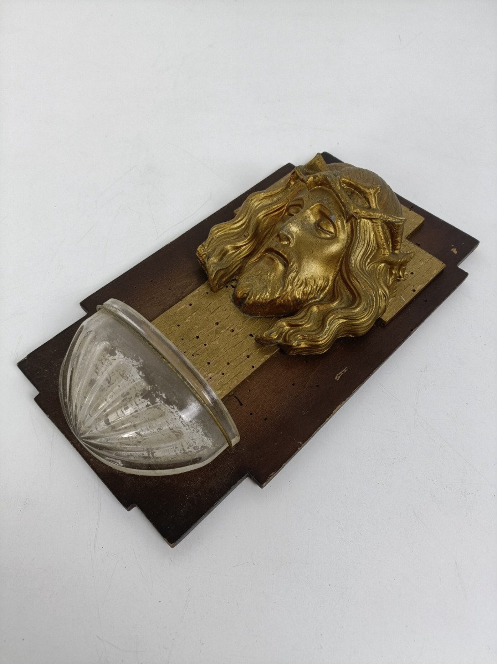 Large Holy Water Font Glass Wooden Back Jesus Head of Thorns Art Deco ...