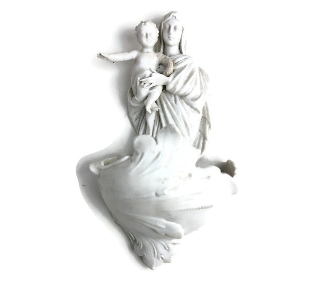 Gorgeous Antique Holy Water Font Vessel White Bisque Porcelain Madonna ...