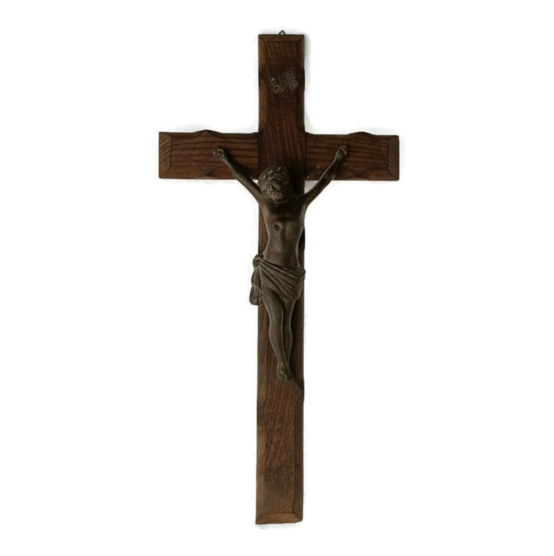 Large Hand Carved Wood Hanging Crucifix Jesus Christ Cross Vintage ...