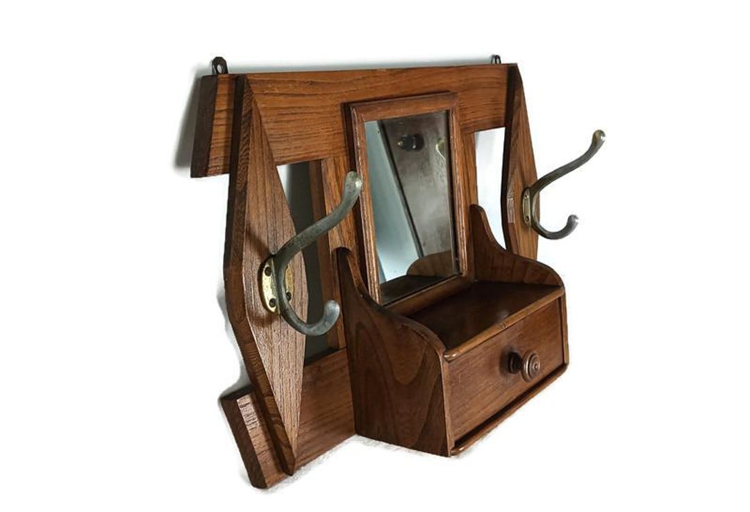 Vintage Wall Hanging Cabinet Shaving Medicine Mirror Carved Wood Hooks ...