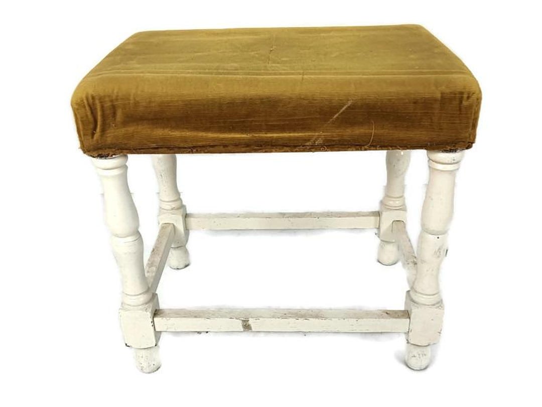 Small Vintage Footstool Foot Rest Ottoman Wood Brown Fabric Barn Style ...