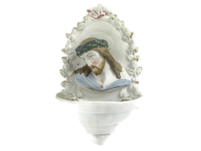 Holy Water Font Vessel Jesus Christ Head of Thorns Bisque HTF - Etsy