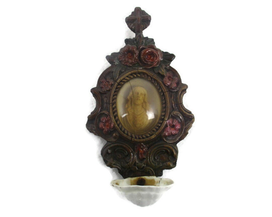 Antique Holy Water Font Vessel Black Forest Ornate Wood Hand Carved ...