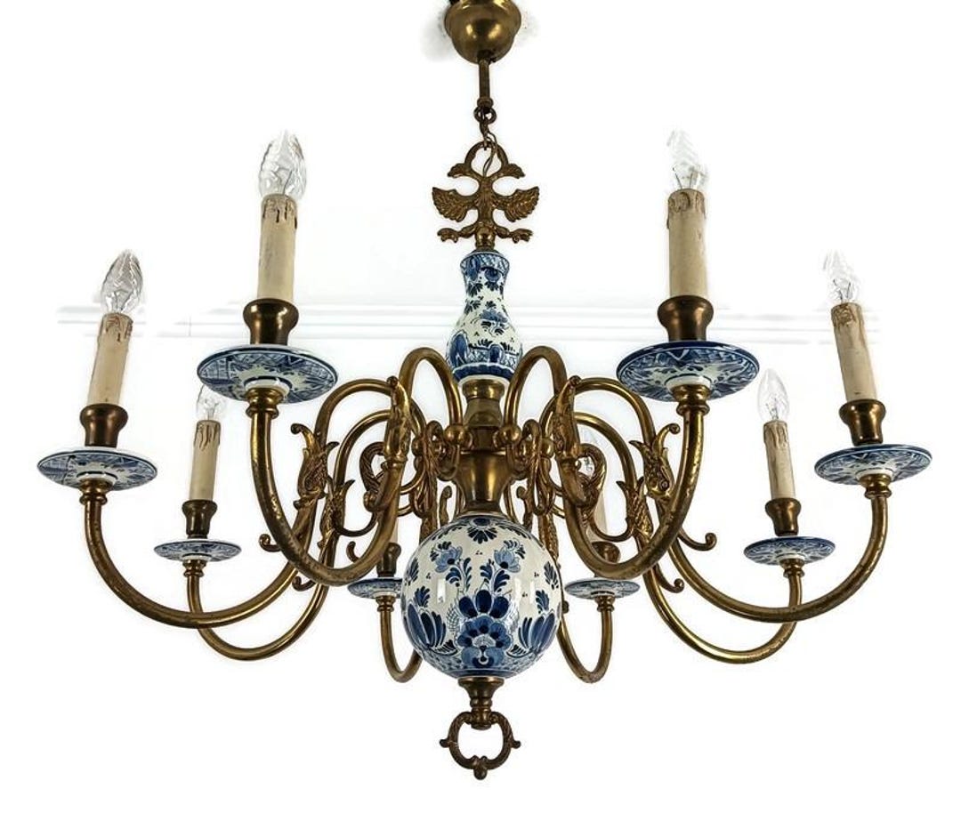Hand Painted Delft Chandelier Blue White 8 Lights Eagles Fish Vintage ...