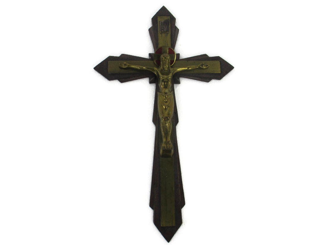 Vintage Ornate Brass Red Enamel Wall Hanging Crucifix French Large 16. ...