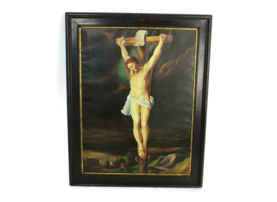 19th C Religious Scene Painting Oil on Canvas Crucifixion Framed ...