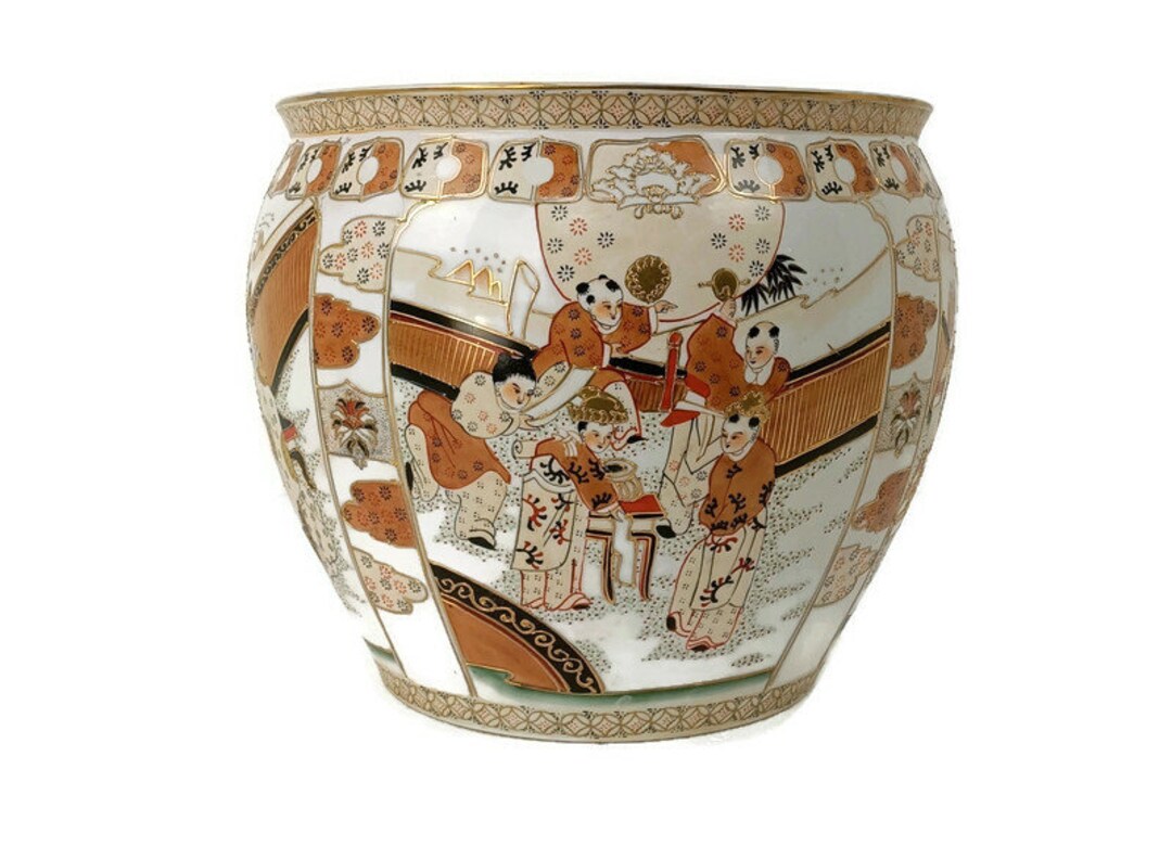 L Vintage Chinese Porcelain Koi Fish Bowl Planter Vase Cachepot Flower ...