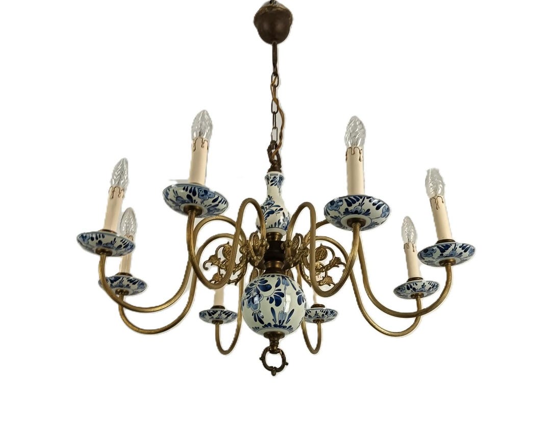Dutch Delft Blue White Chandelier Porcelain Ornate Brass 8 Lights Arms ...