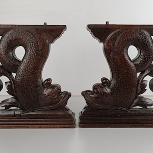 Antique Pair Corbels Hand Carved Wood Mythological Fish Architectural ...