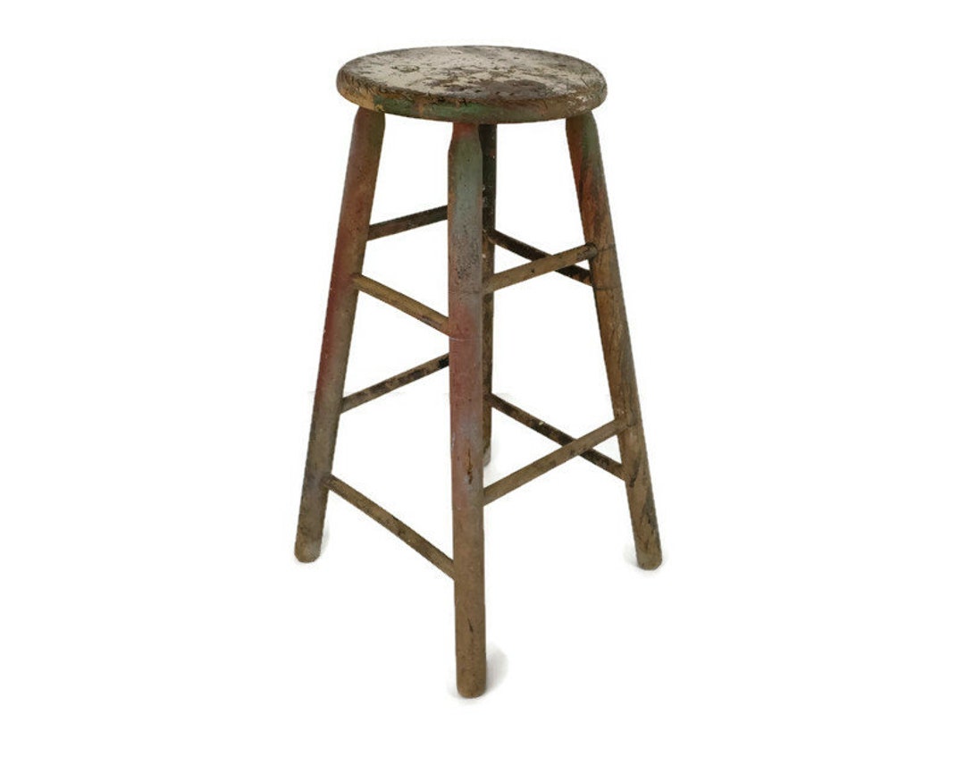 Stool Bar Stool Wood Vintage Modernist Rustic Primitive Loft Pedestal ...