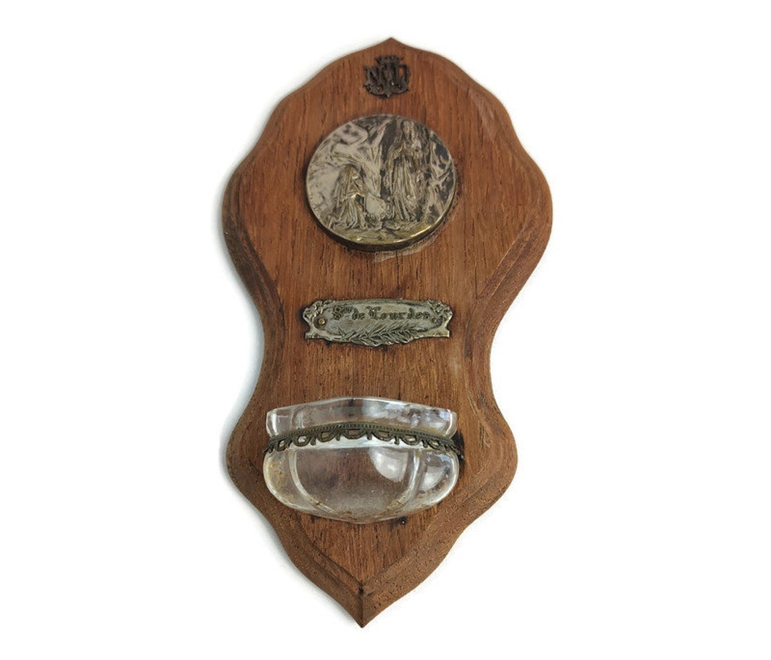 Small Holy Water Font Vessel, Wood, Glass, Wall Hanging France, Lourdes ...