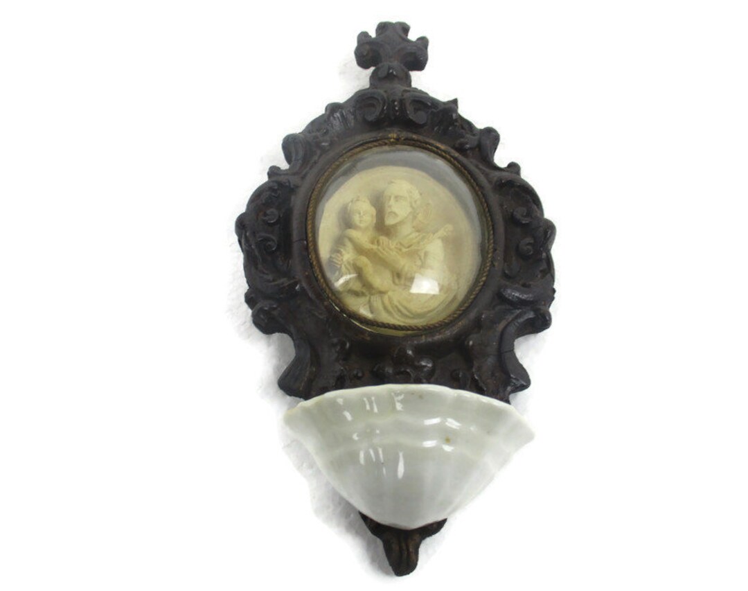 Antique Holy Water Font Vessel Black Forest Ornate Wood Hand Carved St ...