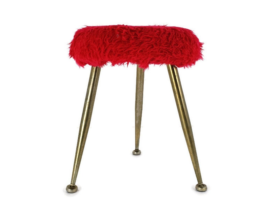 Retro Red Plush Stool Chair Retro Metal Tripod Legs Mid Century Design ...