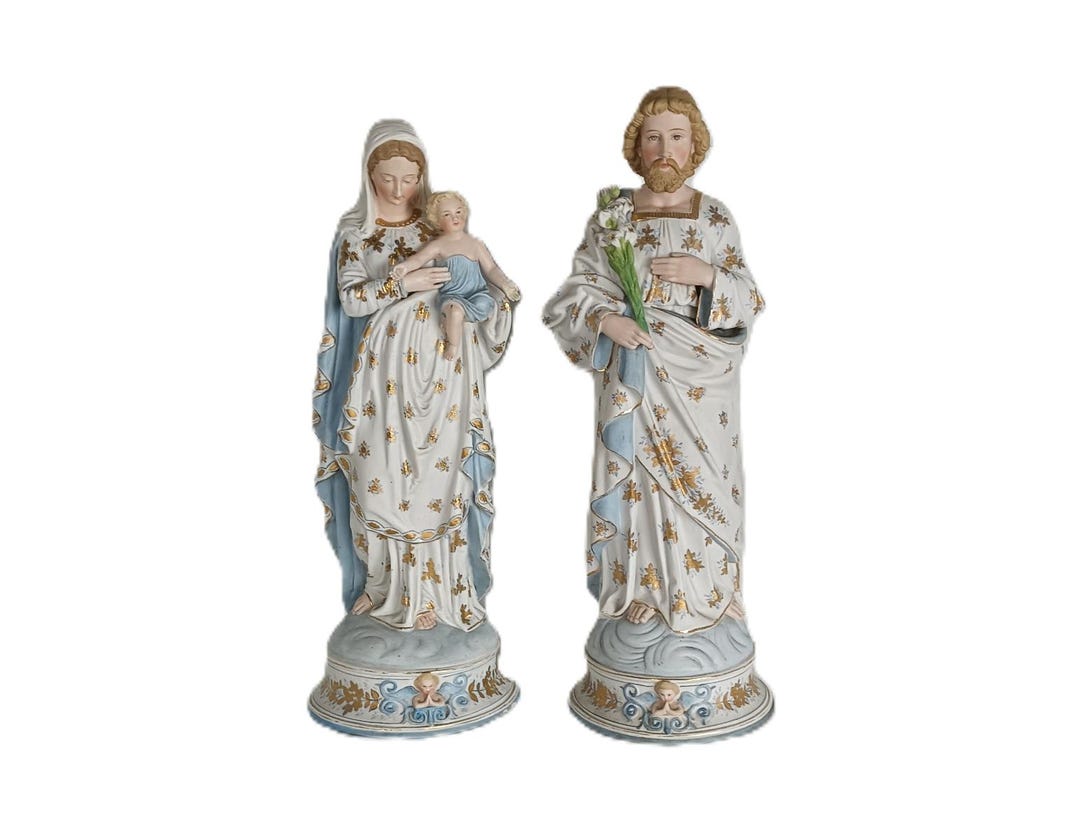 French Antique Bisque Statues Virgin Mary Infant Jesus Joseph Pair ...