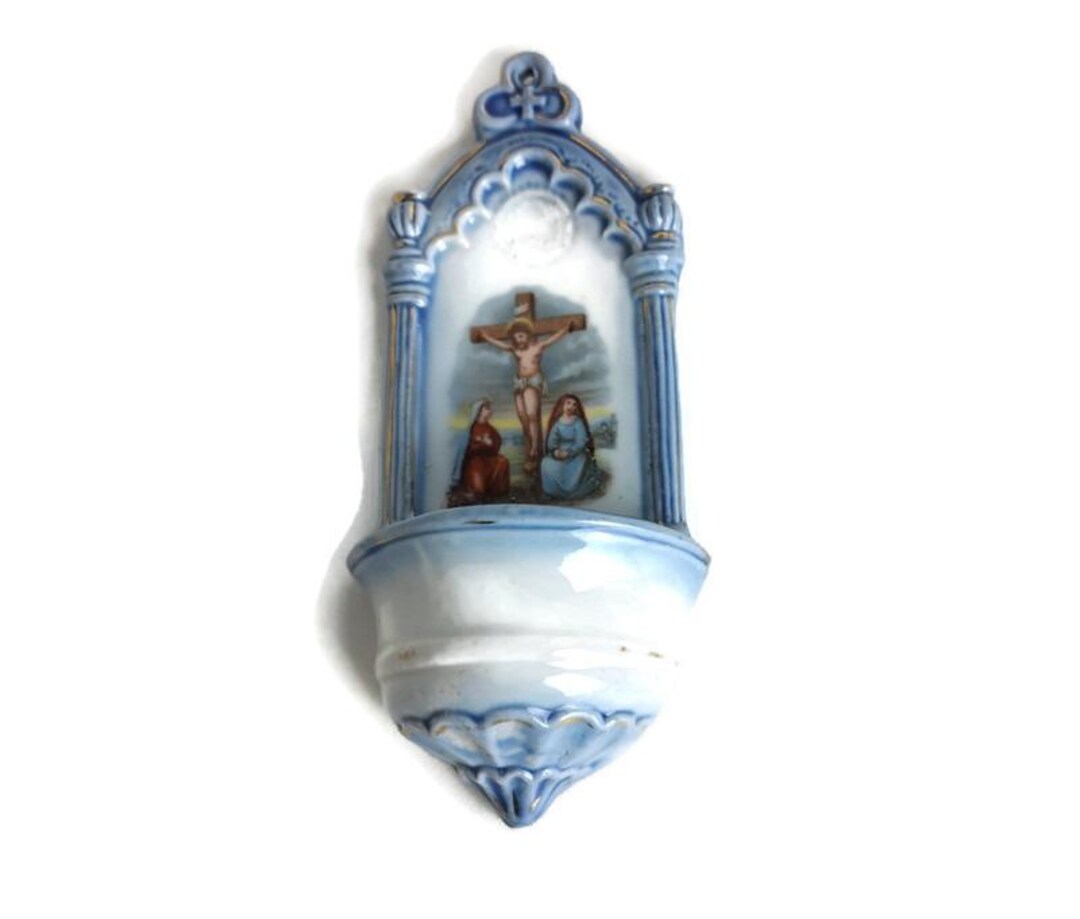 Antique Small Holy Water Font Vessel Bisque Porcelain Crucifixion ...