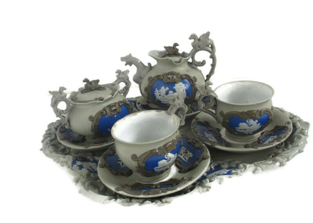 Antique Breakfast Set Mettlach Boch Stoneware Cameo Dragons 1900s ...