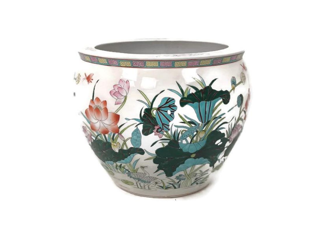 XL Vintage Chinese Porcelain Enamel Koi Fish Bowl Planter Vase Cachepot ...