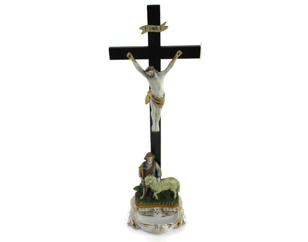 Antique Porcelain D' Andenne Standing Crucifix Holy Water Font Lamb of ...