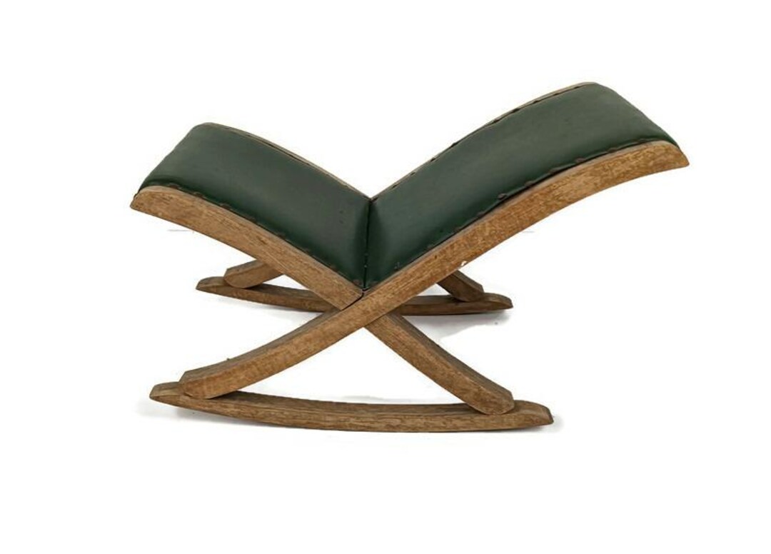 Footstool Rocking Ottoman Foot Rest Wooden Legs Faux Leather Vintage ...