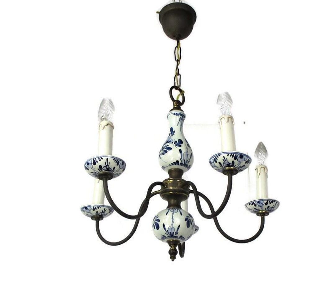 Delft Blue White Porcelain Ornate Brass Chandelier 5 Arm 5 Lights Barn ...